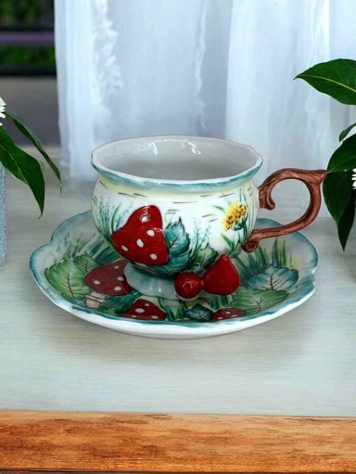 Чайная пара "Теремок" 150 мл фарфор гжель цветные краски