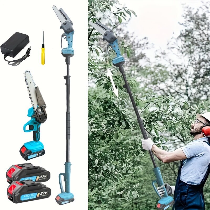 Комплект телескопического сучкореза и цепной пилы для работы на высоте (2 метра) – с 2 литий-ионными аккумуляторами, удлинительной штангой и бесщеточным мотором, для ухода за садом и плодовыми деревьями