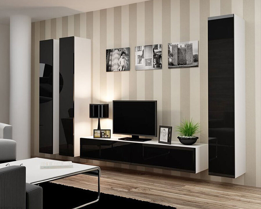 Гостиная Виго 1 МДФ (черная) / Белый Фасадный 0101 NEW 300x42x180 см, черный GOODFORM