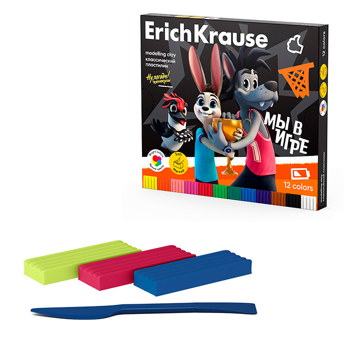Пластилин Erich Krause Ну Погоди Каникулы со стеком картонная упаковка 180г 12цв 3+ 62571