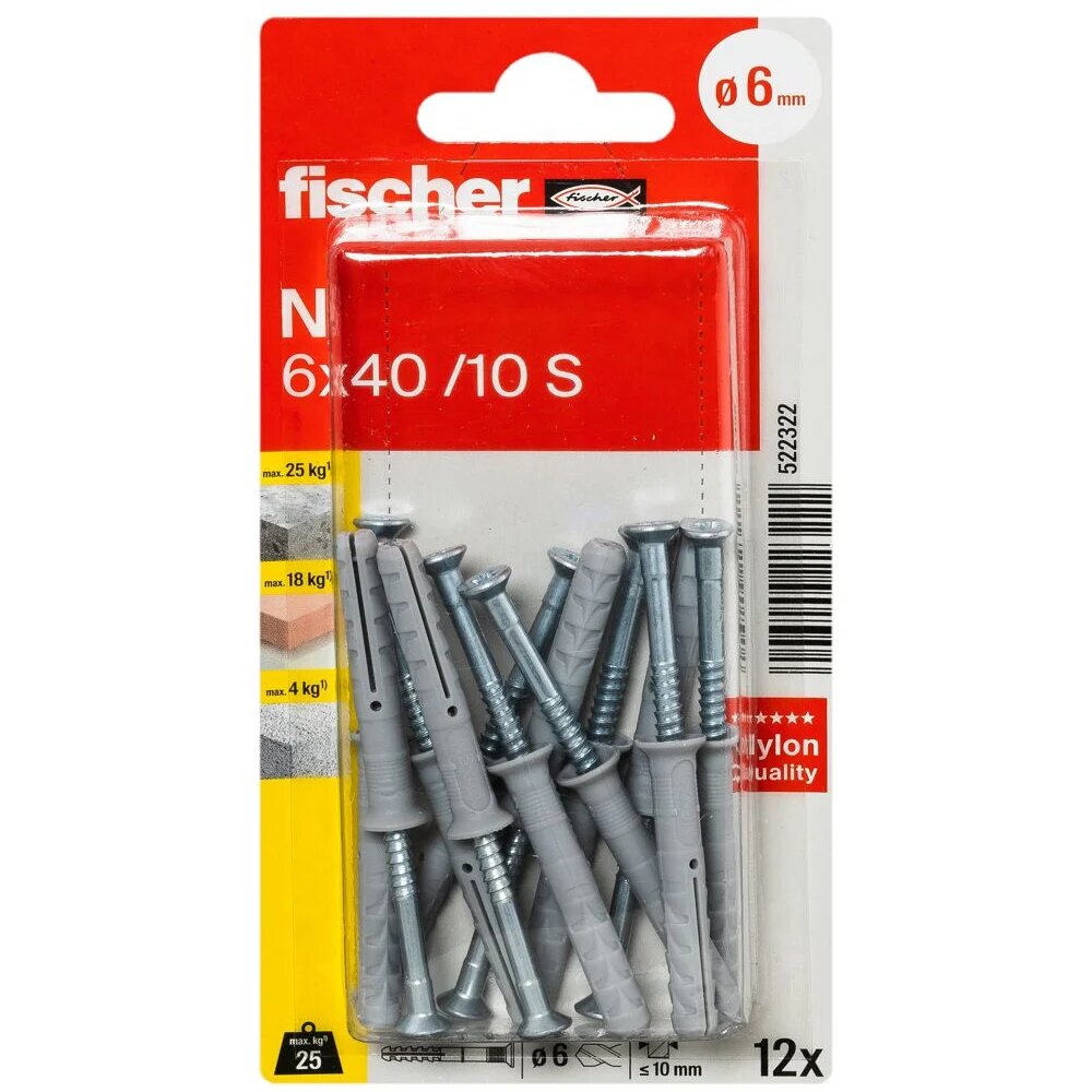 Дюбель-гвоздь fischer потайной 6x40 12 шт, Они предварительно собраны для ускорения монтажа