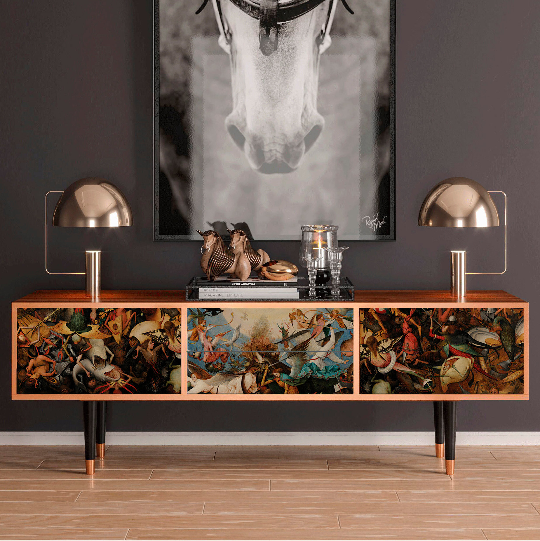ТВ-Тумба - STORYZ - T4 The Fall of the Rebel Angels by Pieter Bruegel the Elder, Размер - 170 x 59 x 48 см, Цвет корпуса - , Орех