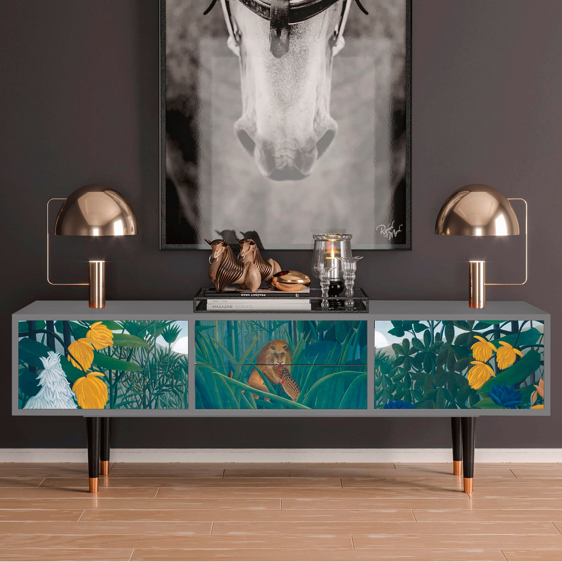 ТВ-Тумба - STORYZ - T4 The Repast of the Lion by Henri Rousseau, Размер - 170 x 59 x 48 см, Цвет корпуса - , Серый