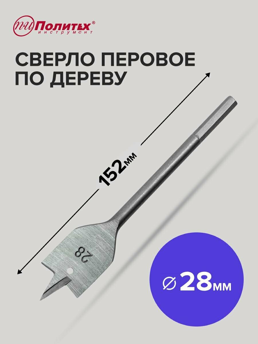 Перовое сверло Политех Инструмент, HSS, шестигранный хвостовик, 28x152 мм