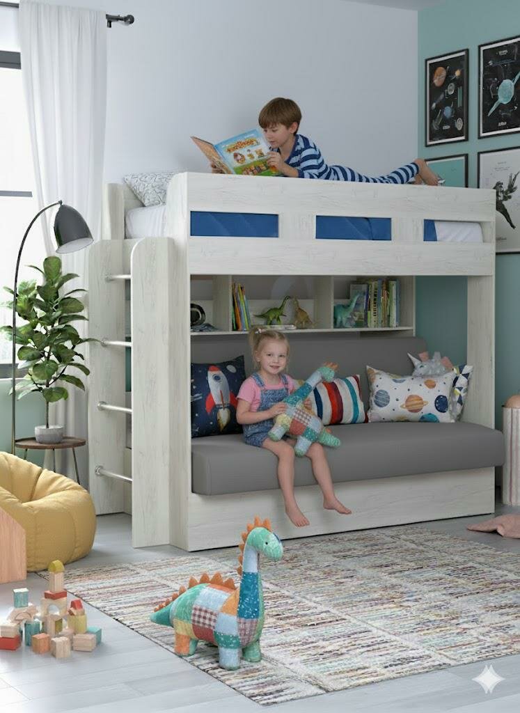 Двухъярусная кровать Fortuna_Kids "Дива", с диваном и бортиком на втором ярусе, ЛДСП 16мм