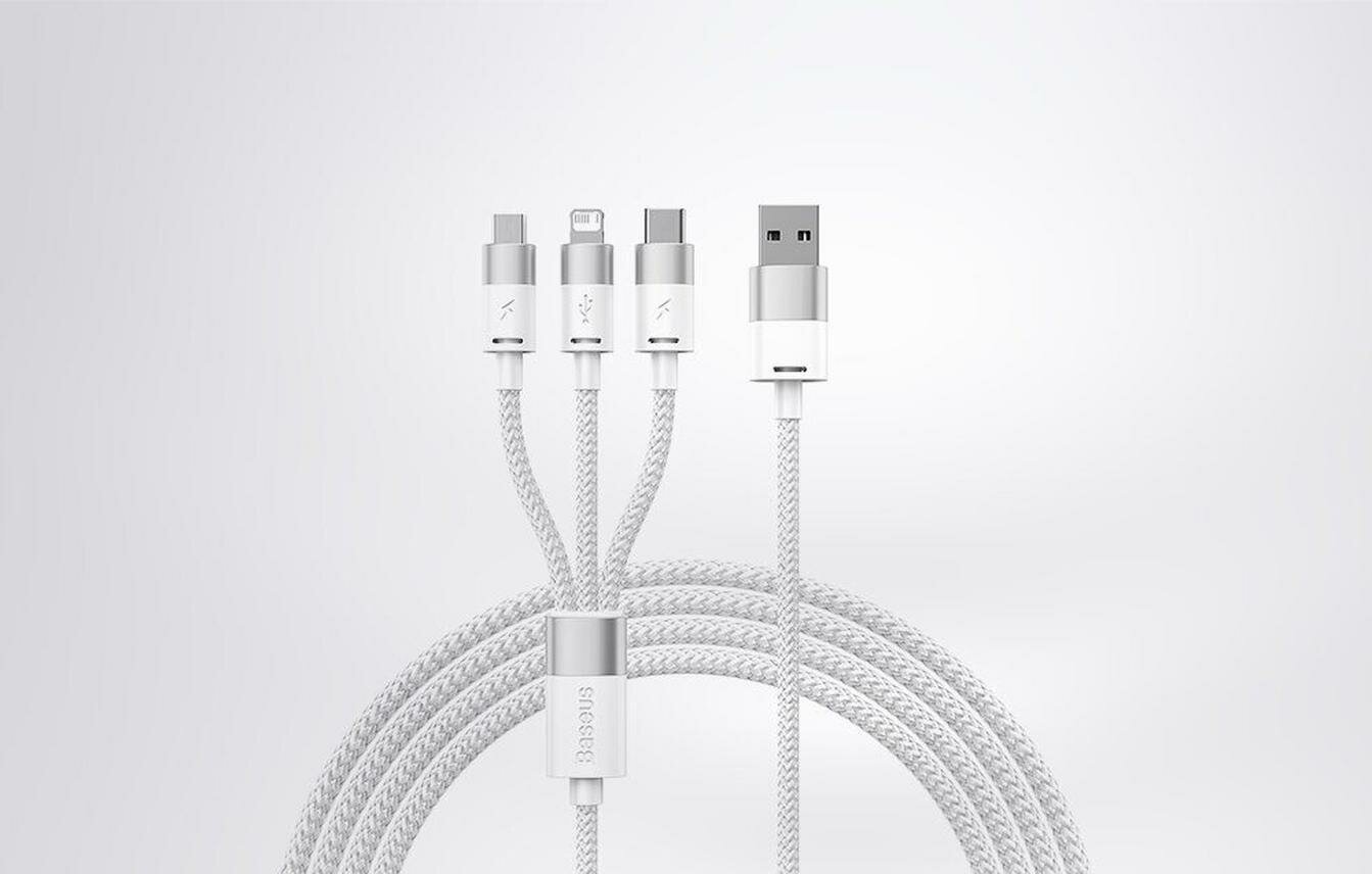 Кабель Baseus StarSpeed 1-for-3 (CAXS000002), USB to M+L+C, 3.5 A, 1.2м, белый