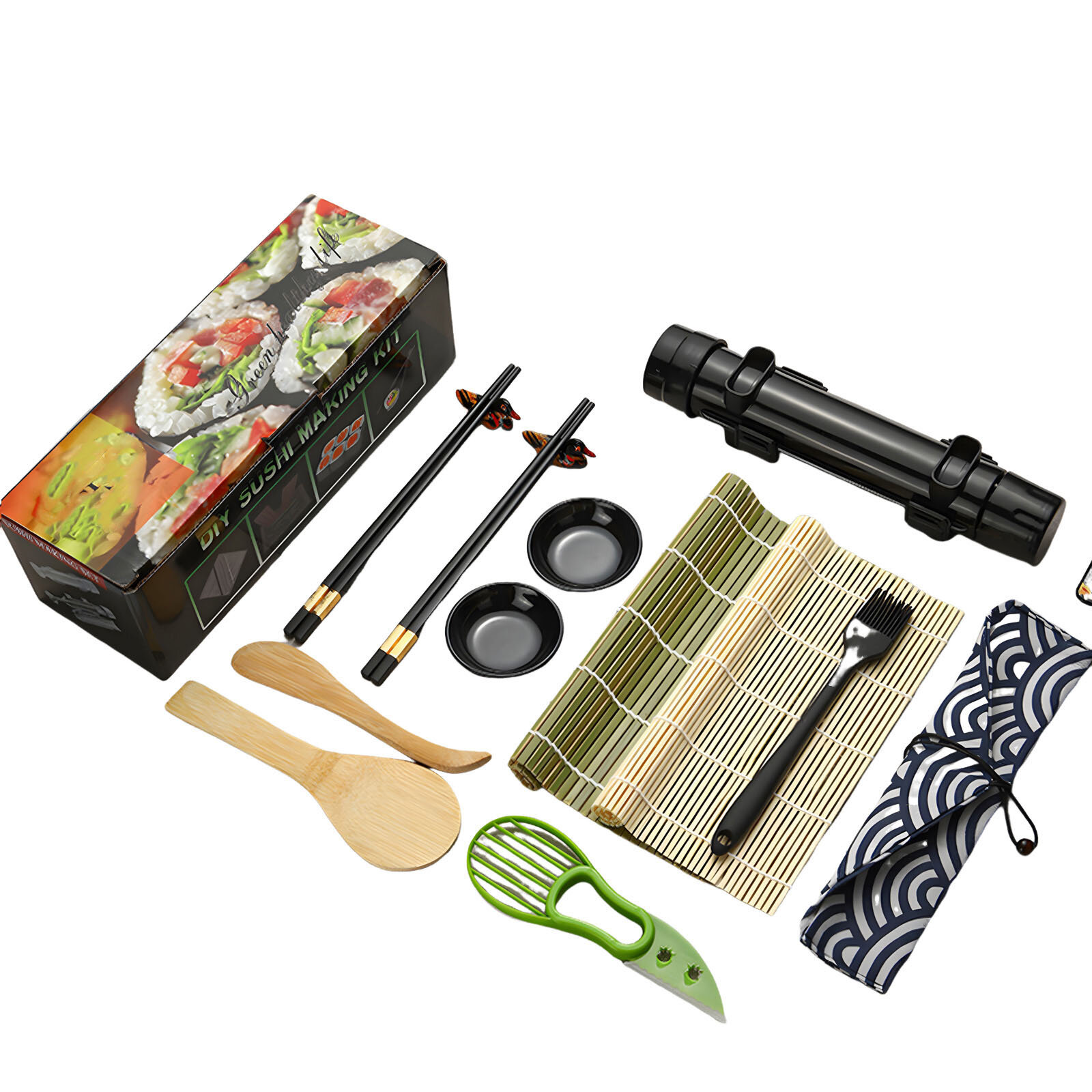 Набор для приготовления суши 16-компонентный из натурального бамбука: средняя коробка, черный конус для суши, инструкция, зеленый и белый валик, лопатка для риса из бамбука, лопатка из бамбука, спилы из сплава 2 штуки, водяной треугольный пакет,