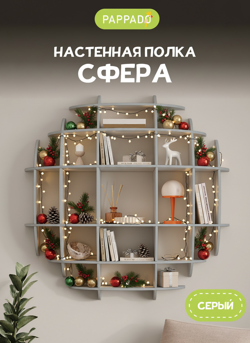 Настенная 3D полка "сфера" от "Pappado", цвет серый, нагрузка 25 кг