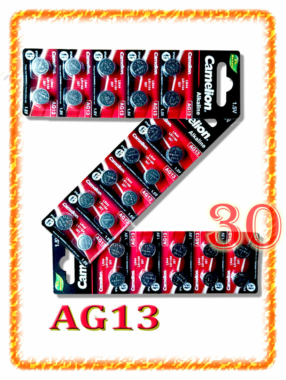 AG13 (LR44) батарейки, 30 штук, алкалиновые 1,5V. CAMELION.