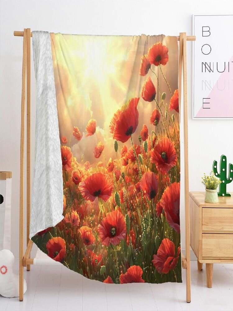 Плед с рисунком Поле Красных Маков уютный фланелевый плед 200x150 см для детей и взрослых