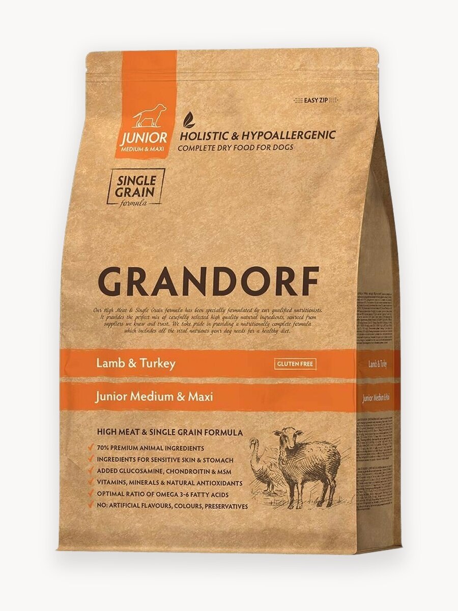 GRANDORF JUNIOR Сухой корм для юниоров и щенков средних и крупных пород Ягненок с индейкой - 10 кг