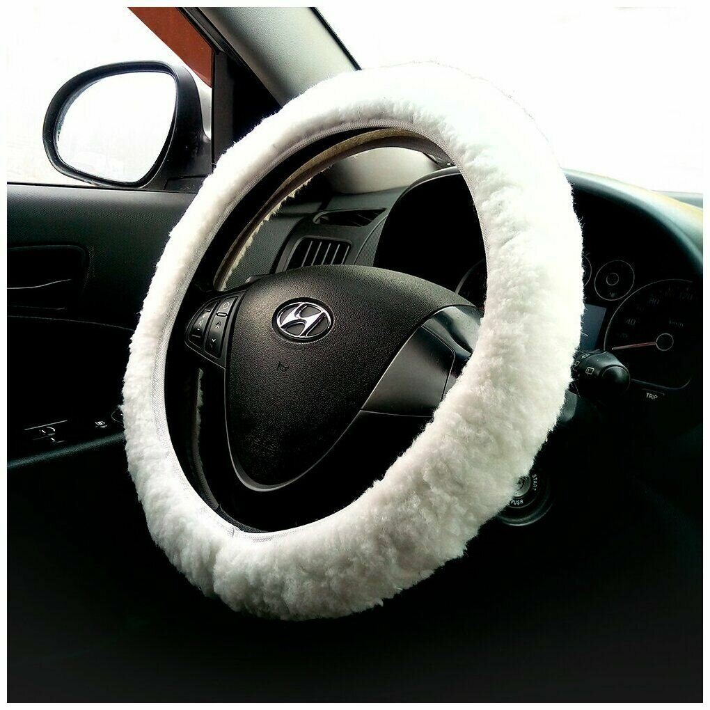 Меховая оплетка на руль универсальная, чехол для руля автомобиля из овечьей шерсти, универсальный размер М 37-39 см черный