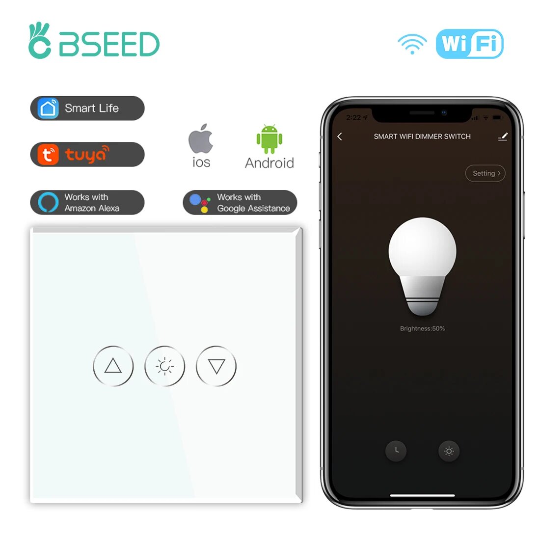 BSEED Белый стеклянный Wi-Fi диммер Single Dimmer