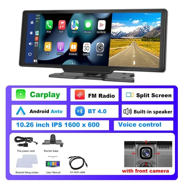 Podofo 10,26 "видеорегистратор 4K камера заднего вида беспроводной Carplay Android Auto GPS с голосовым управлением приборная панель DVR автомобильный монитор A with front camera