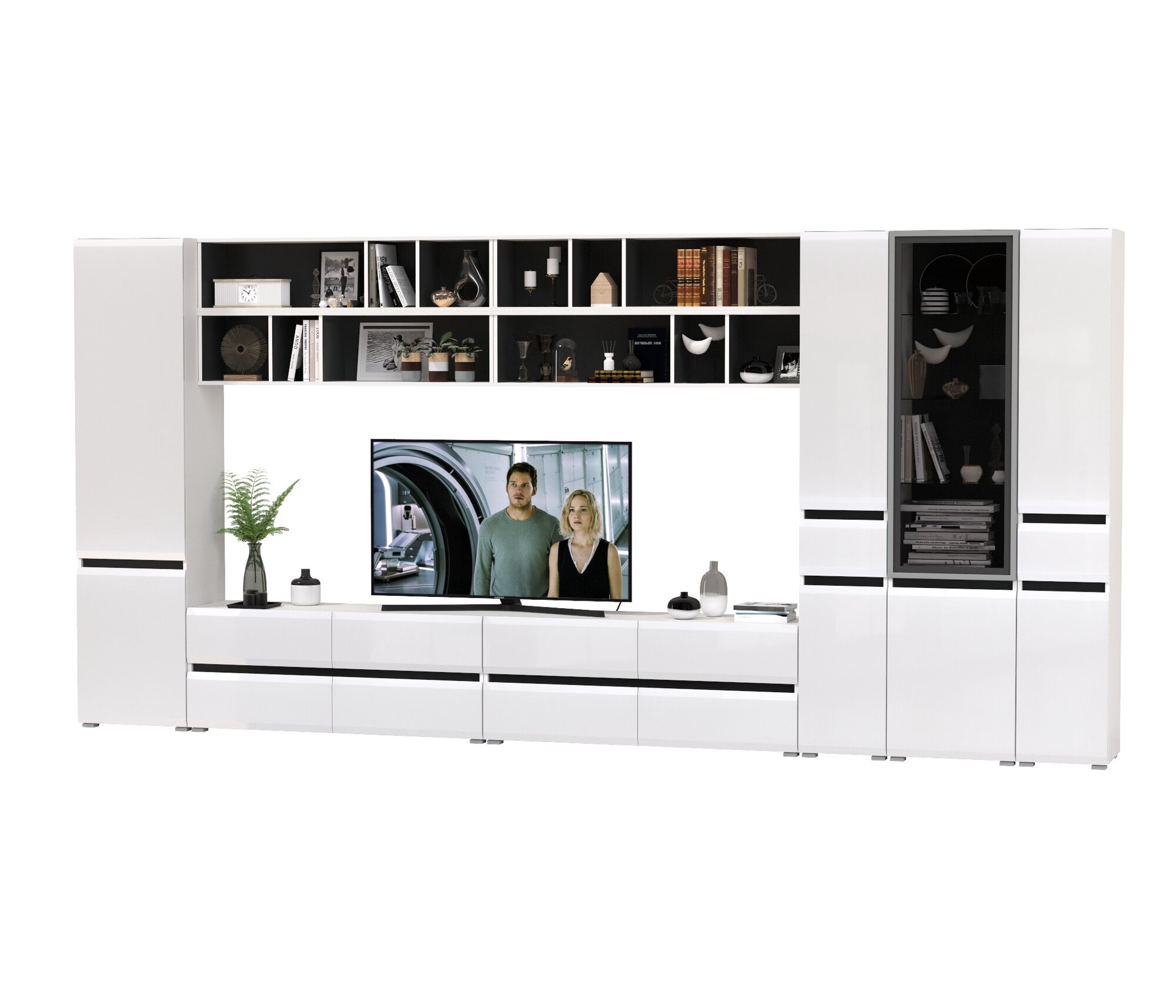 Модульная мебель в гостиную Моби Сидней № 92, цвет белый/чёрный/МДФ белый глянец, 430х41,3х205,2 см.