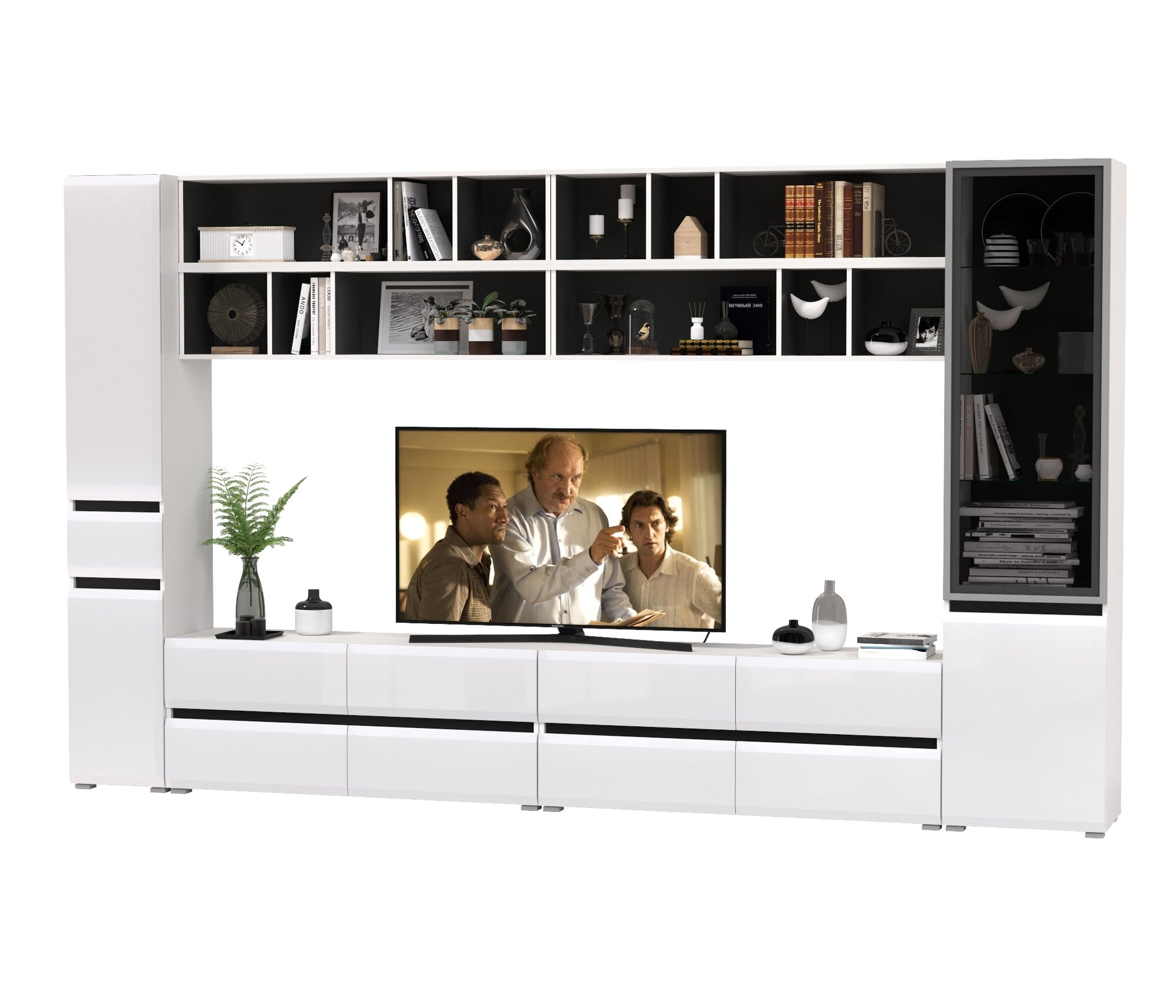 Комплектация в гостиную Моби Сидней № 99, цвет белый/чёрный/МДФ белый глянец, 345х41,3х205,2 см.