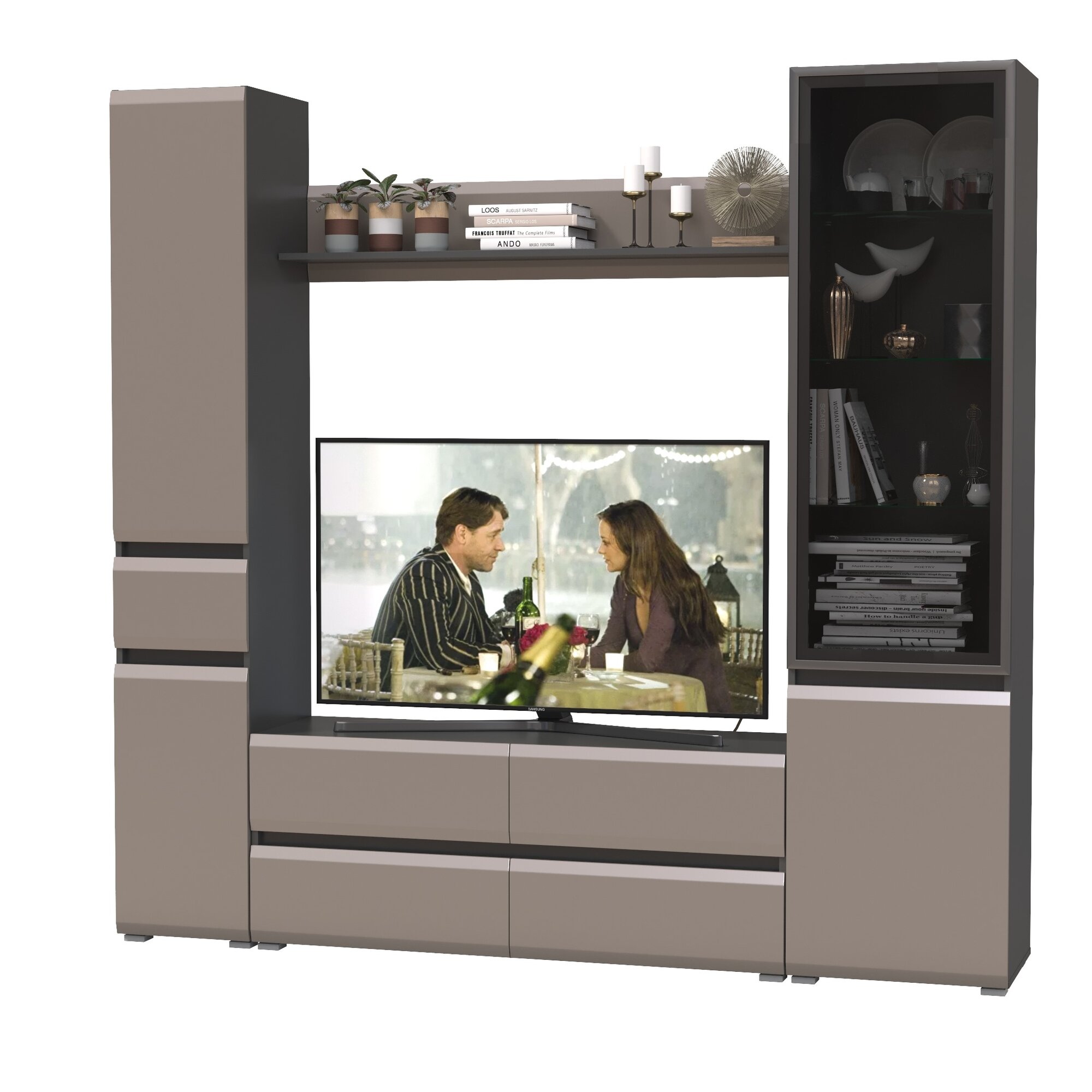 Полка с тумбой для телевизора и шкаф-витрина с пеналом Сидней, цвет антрацит/веллюто, 214,9х41,3х205,2 см.
