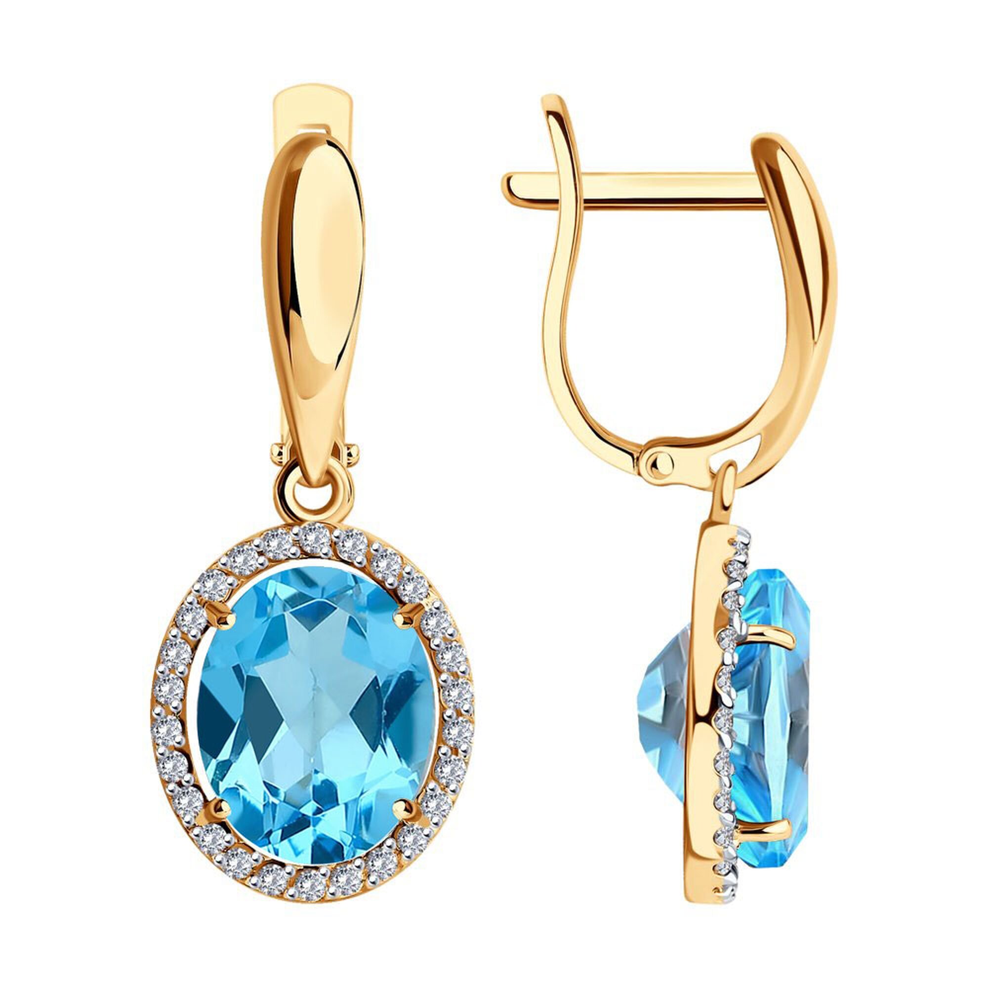 Серьги, красное золото, 585 проба, топаз, фианит