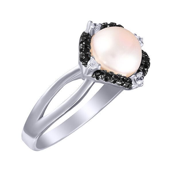 Кольцо, серебро, 925 проба, родирование, циркон, жемчуг культивированный