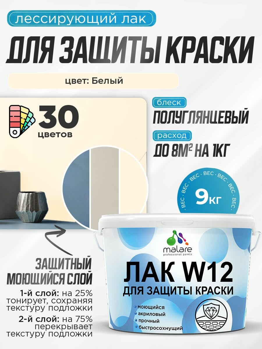 Лак колерованный тонирующий для защиты акриловых красок Malare W12 моющийся универсальный быстросохнущий экологичный, полуглянцевый, белый, 9 кг.