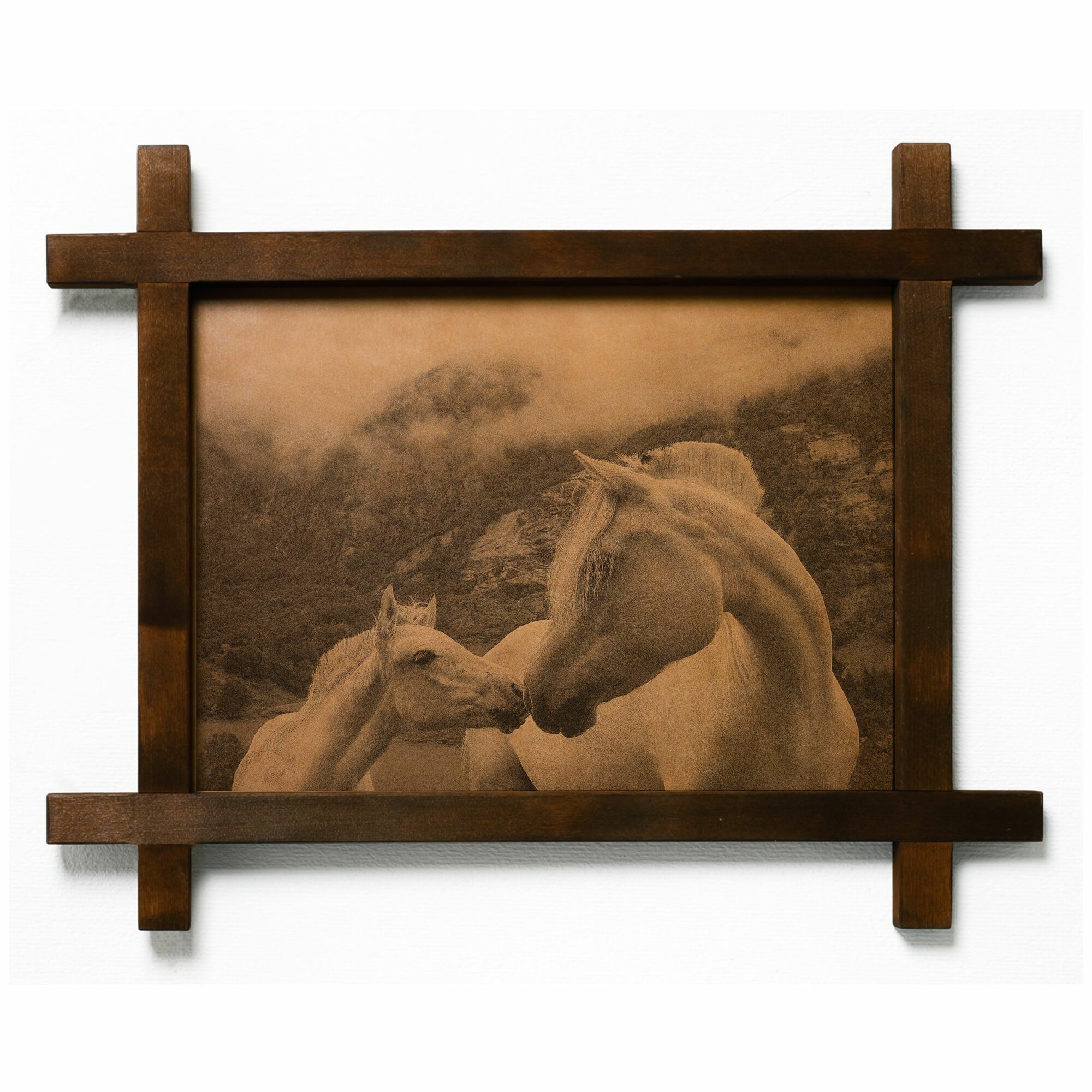 Картина интерьерная, натуральная кожа, "Лошади в горах", в деревянной раме, BoomGift