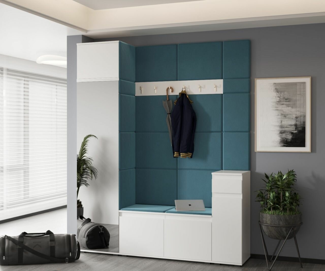Прихожая, мебель в прихожую Stark 3.1, Белый/Велюр Бирюзовый180х225х40 см (ШхВхГ)