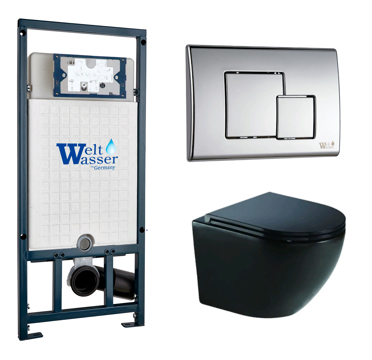 Унитаз подвесной WeltWasser MARBERG 507 + MERZBACH 043 GL-BL + MAR 507 SE-CR черный глянцевый, безободковый, с крышкой микролифт, слив-торнадо, с инсталляцией и кнопкой хром