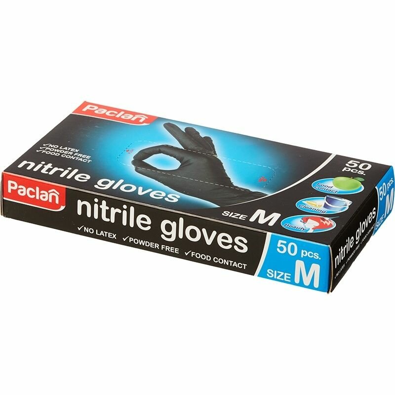 Перчатки одноразовые PACLAN неопудренные, черные, размер M, 50 шт (нитрил)