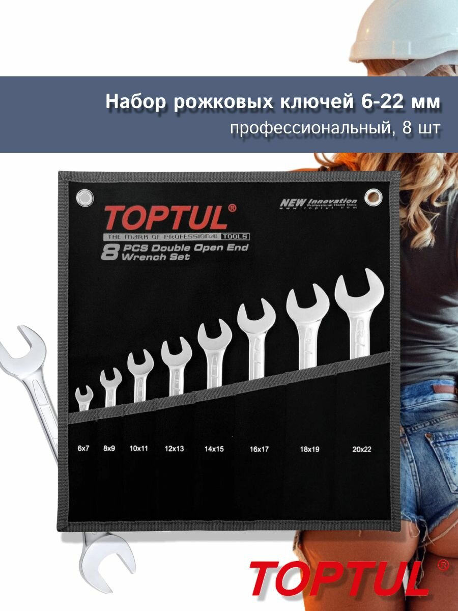 Набор рожковых ключей 6-22 мм гаечных двусторонних, профессиональные слесарные инструменты для автомобиля 8 предметов на полотне GPAJ0802 TOPTUL