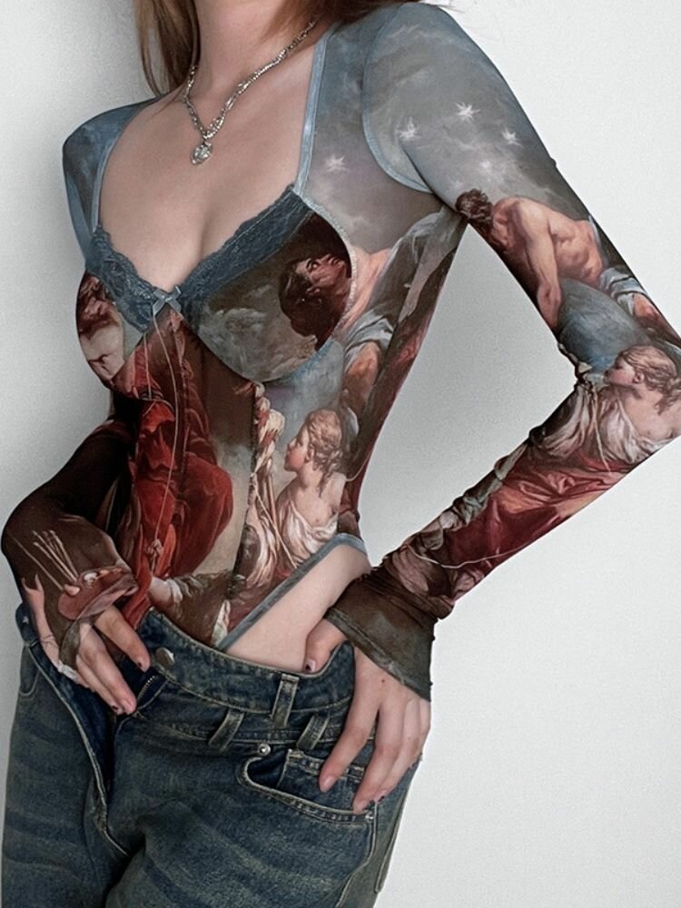 Винтажный печатный женский боди-комбинезон из прозрачной сетки с длинным рукавом