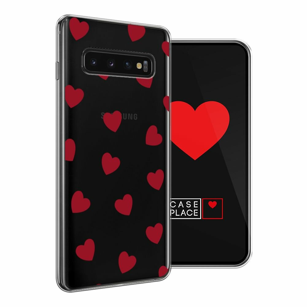 Чехол на Samsung Galaxy S10 + / Самсунг Галакси S10 Плюс с принтом "Бордовые сердечки паттерн - 14 февраля", прозрачный — фото 1