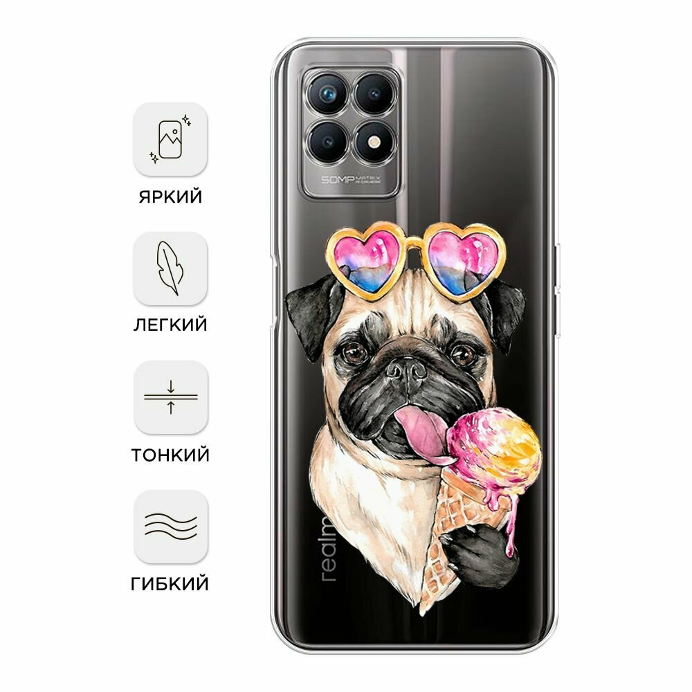 Чехол на Realme 8i / Реалми 8i с принтом Мопс с мороженкой, прозрачный — фото 1