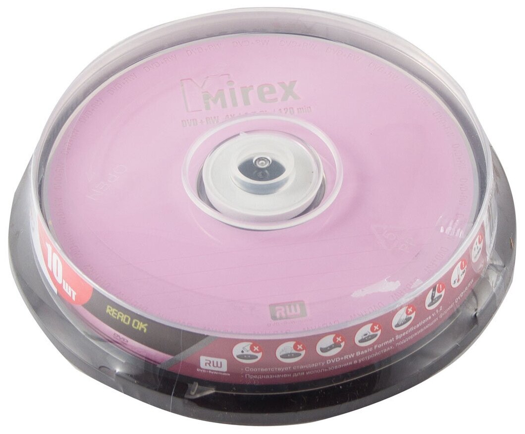 Диск DVD+RW Mirex 4,7GB, 4x, комплект 10шт, Cake Box (UL130022A4L)