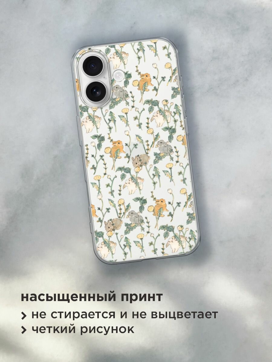 Чехол на Apple iPhone 17 / Айфон 17 с принтом "Кролики в одуванчиках", прозрачный — фото 1