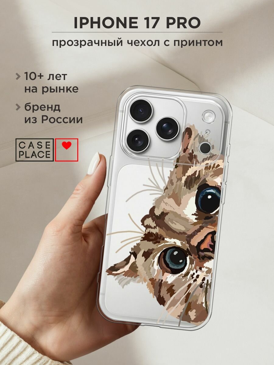 Чехол на Apple iPhone 17 Pro / Айфон 17 Про с принтом "Любопытный кот", прозрачный