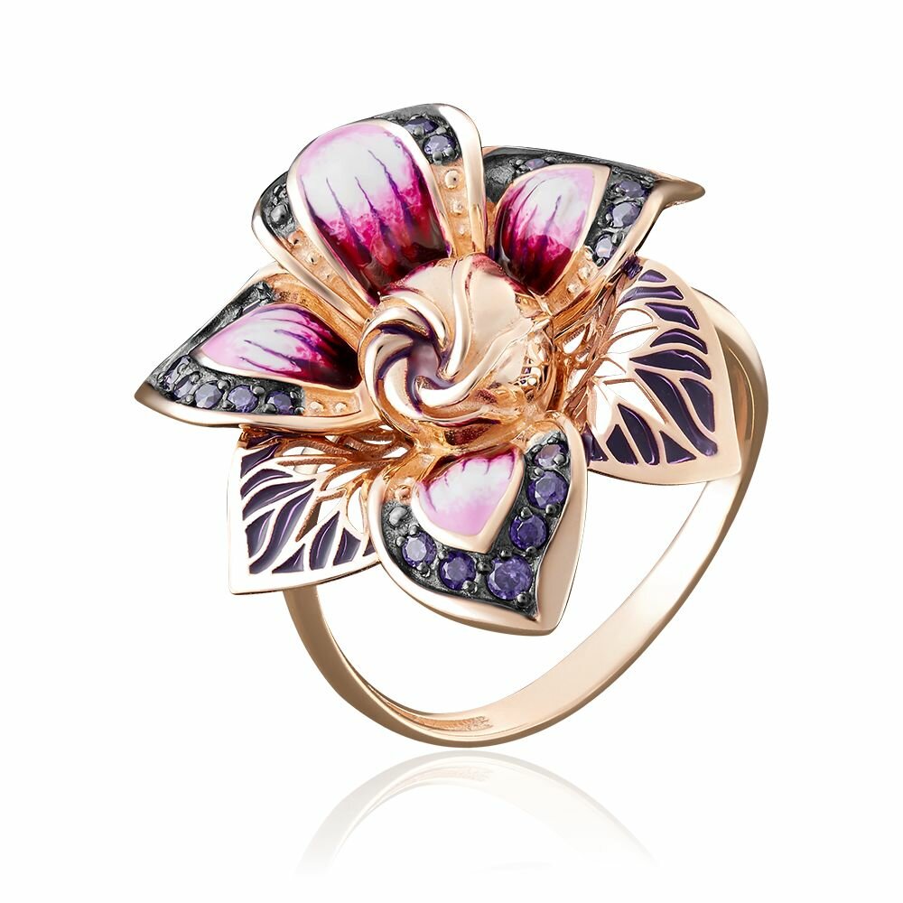 Кольцо, красное золото, 585 проба, эмаль, фианит