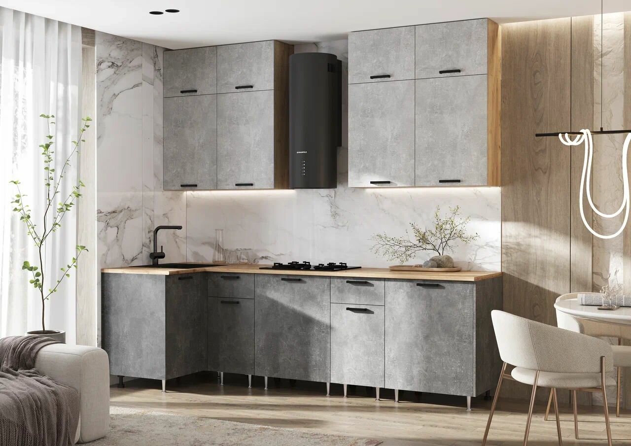 Кухня Рио NEW 1,0х2,6 м. Компоновка №3 Бетон светлый/Бетон темный, Дуб Крафт