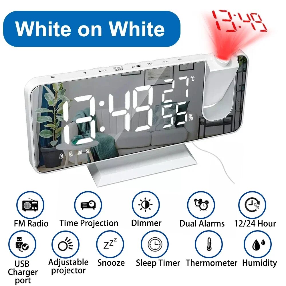 Будильник проекционный LED, белый, White on White