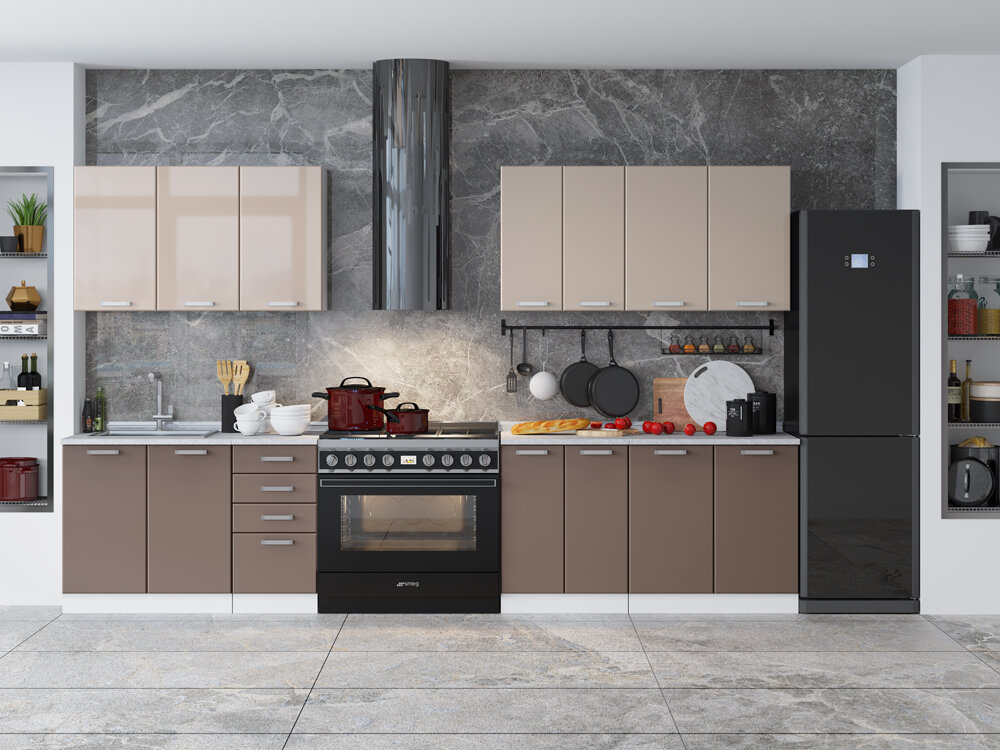 Кухонный гарнитур Настя 2,6 м глухая, Белый / Латте глянец-капучино + Столешница 26 мм Антарес 3 м (Регион 058)