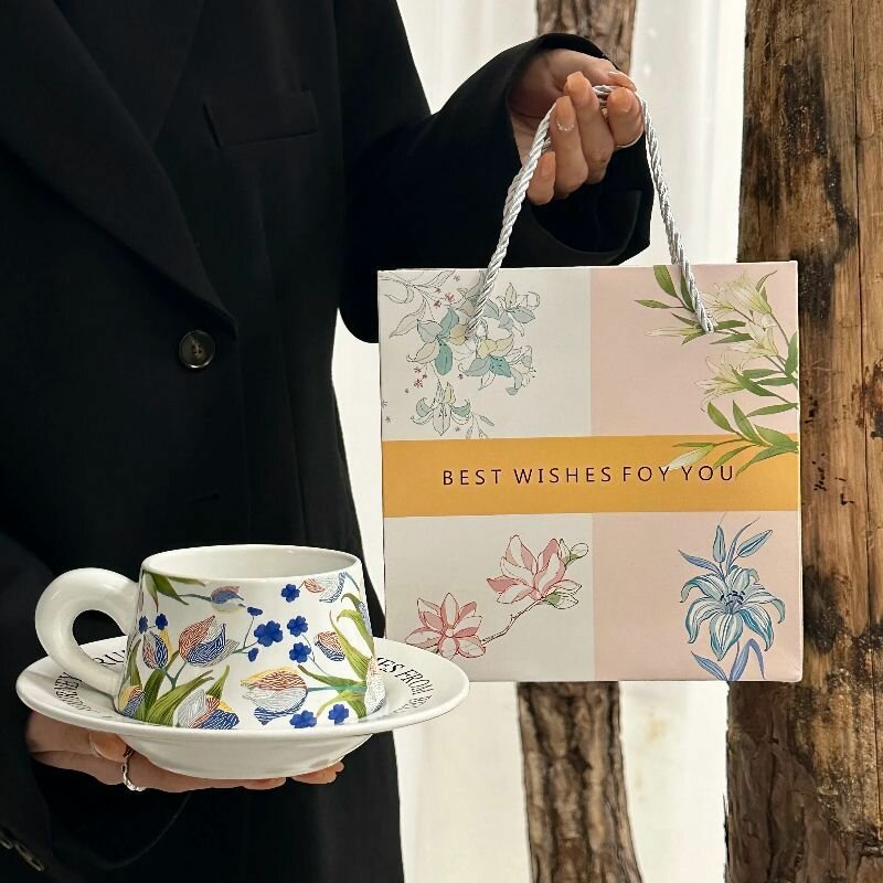 Ретро-набор из керамической кофейной чашки и блюдца с цветными блоками в виде ирисов, чашка для послеобеденного чая/латте, подарок на день рождения, сувенирная подарочная коробка.