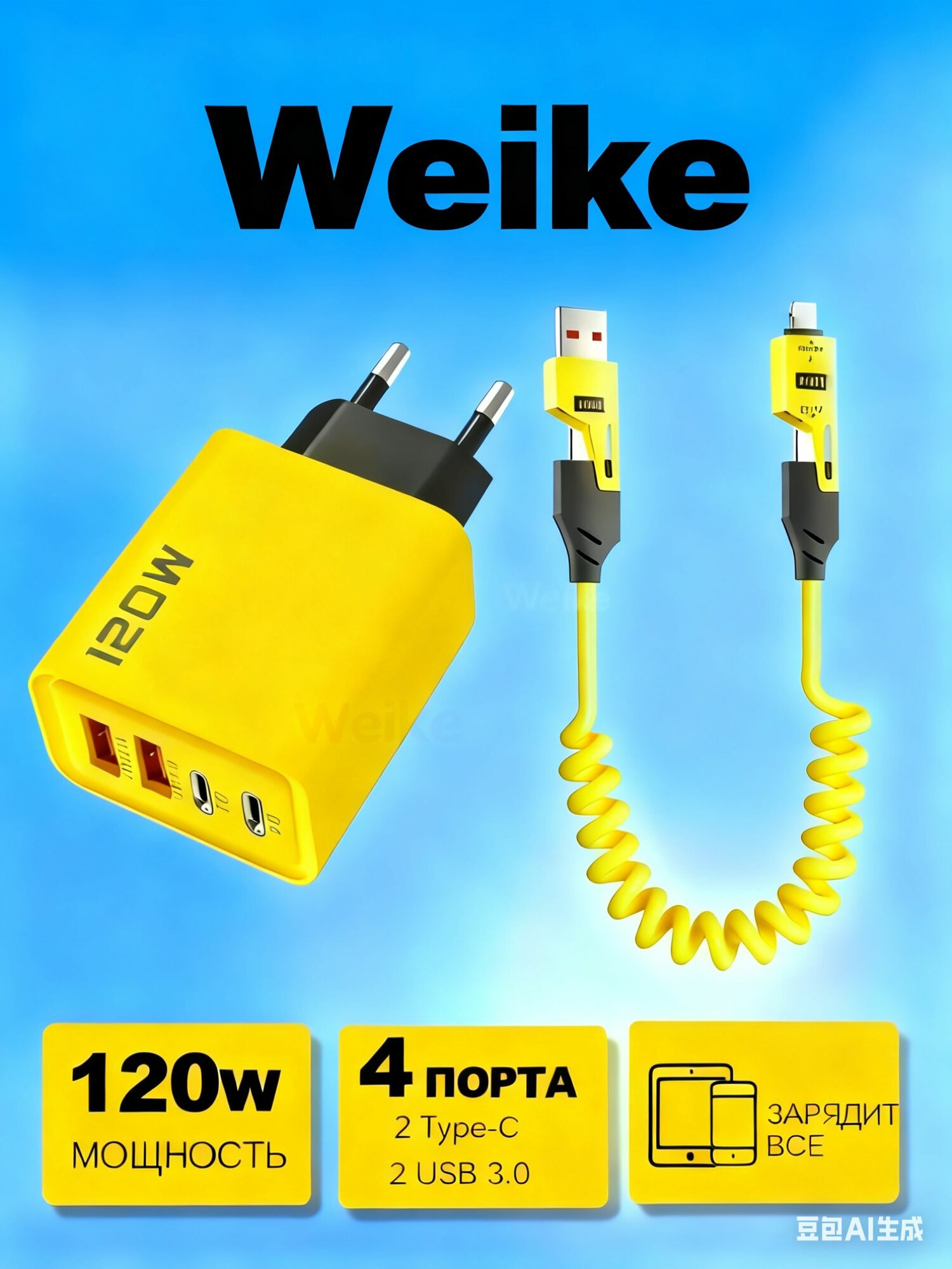 120w Зарядное устройство / Зaрядка / Блок питания с USB и Type C для телефона / Быстрая зарядка Quick Charge /65W 1.5m Кабель