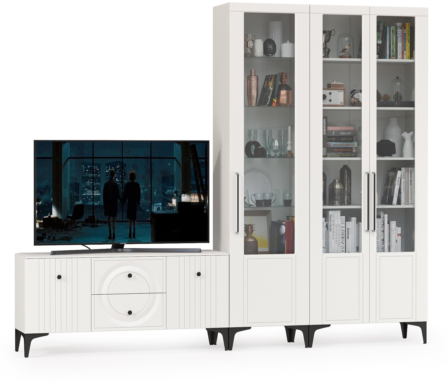 Мебельная Стенка для гостиной под телевизор (ШхВ) 273х226см ЛДСП белый шагрень/МДФ белый шагрень