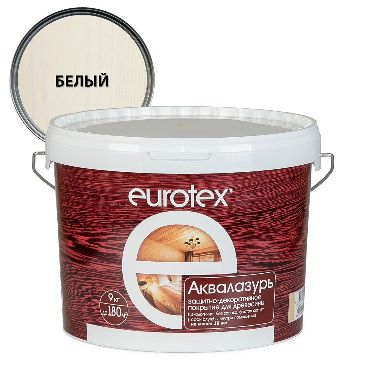 Eurotex / Евротекс Аквалазурь лак защитно-декор. для дерева акриловый лессирующий белый 9кг