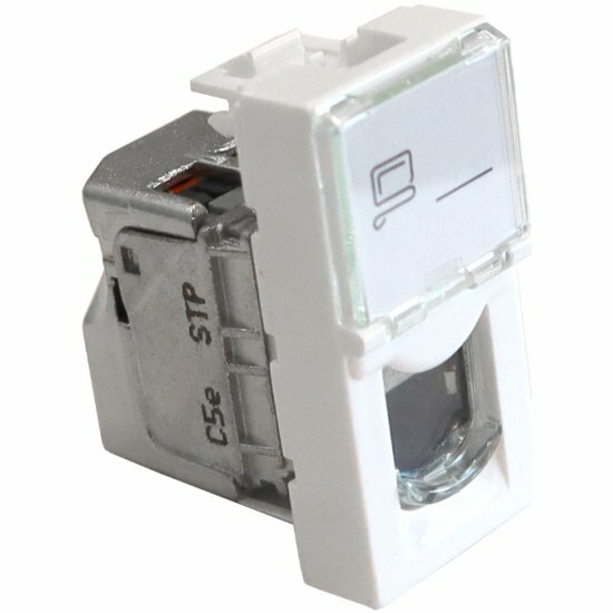 Lanmaster Вставка Mosaic 22.5x45, RJ-45 STP, кат.5e, со шторкой и увеличенным окном маркировки, белая (LAN-SIP-22S5E-WH)