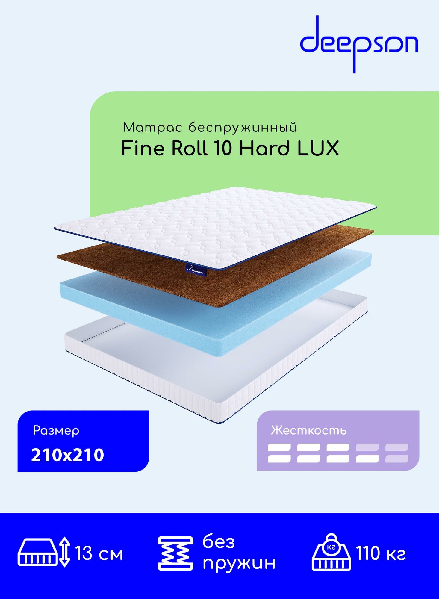 Матрас 210x210 ортопедический буспружинный Fine Roll 10 Hard LUX высота 13 см
