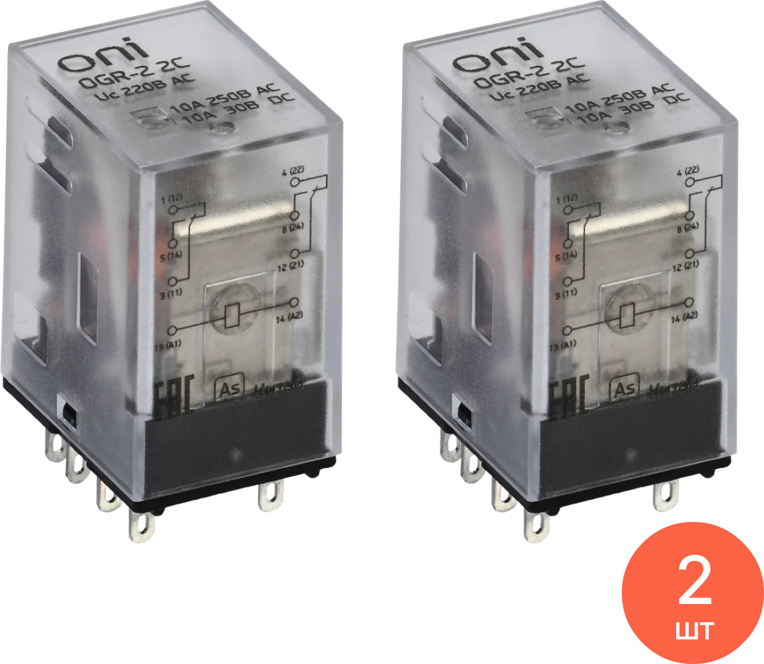 Реле промежуточное ONI / ОНИ OGR-2 2C, 21x28x36мм, 10А 220В AC, OGR-2-2C-AC220V / электрика (комплект из 2 шт)