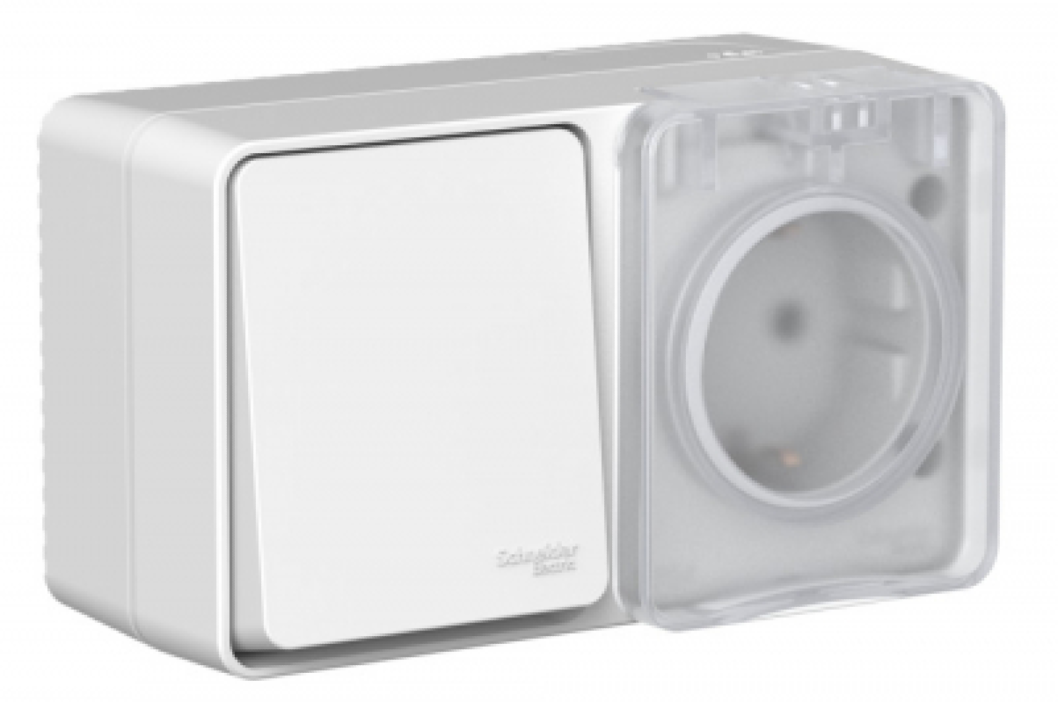 Блок System Electric / Систем Электрик AtlasDesign Profi IP54 розетка и выключатель одноклавишный из поликарбоната, серый, 250В, 10/16А, размером 121×60×56мм / электрика