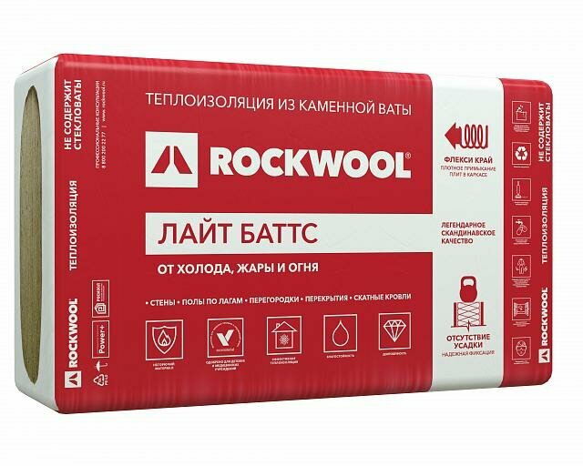 Rockwool Лайт Баттс 50 мм 2 сорт (6 уп. / 36 м2 / 60 плит) утеплитель роквул, минеральная вата для кровли, стен, балкона, перегородок