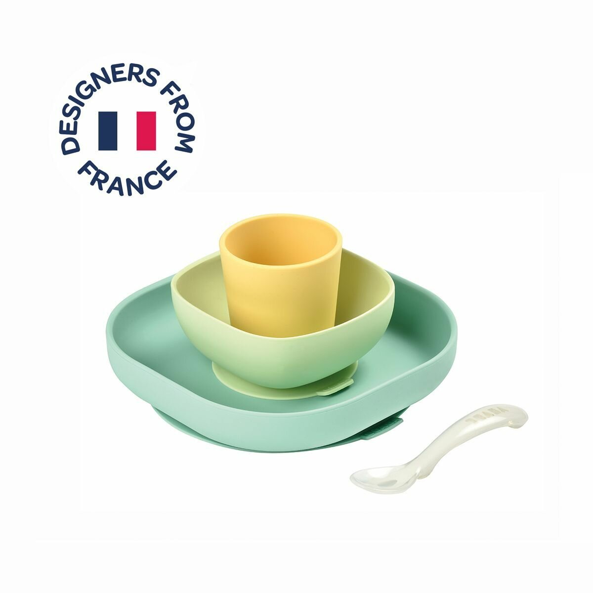 Набор силиконовой детской посуды BEABA: 2 тарелки на присоске, стакан силиконовый, ложка детская для кормления и прикорма