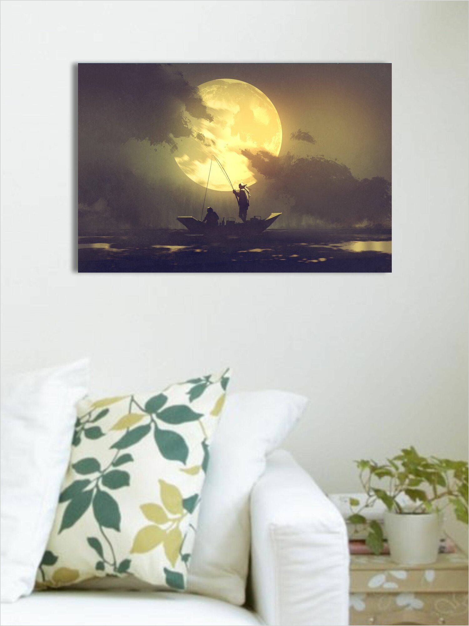 Картина для интерьера на стену фэнтези. Рыбаки в лодке на фоне луны 40х60 см на холсте на подрамнике